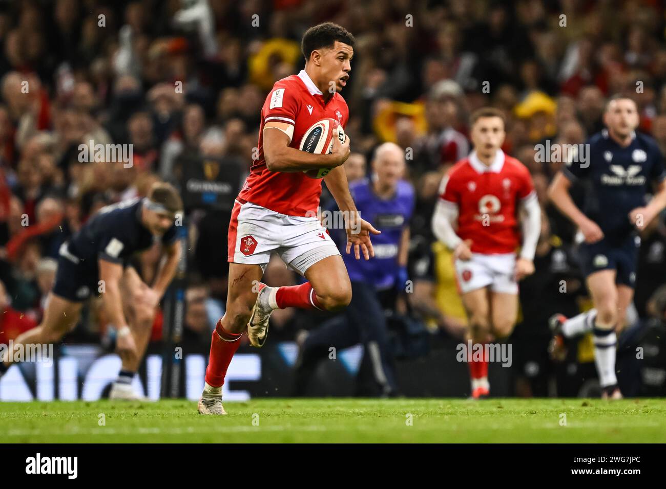 Rio Dyer of Wales makes a break during the 2024 Guinness 6 Nations ...