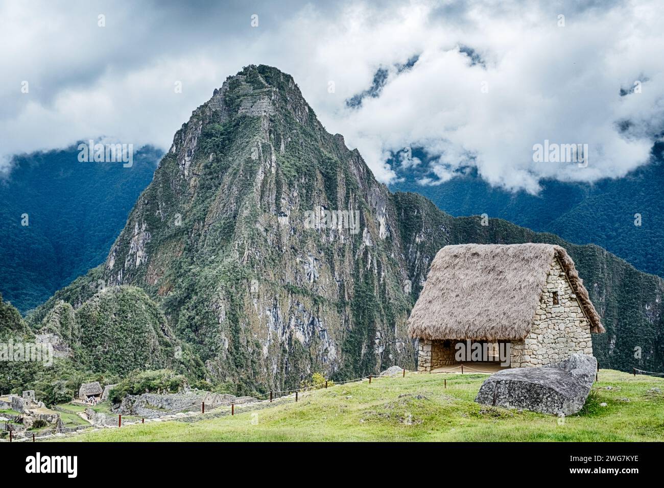 The dry stone thatched hut of the House of the Guardians stands in ...