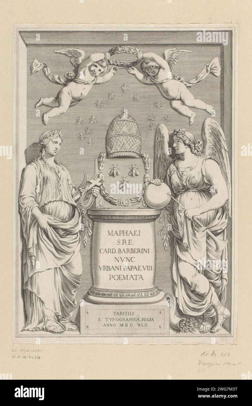 Two female figures at the coat of arms and the papal tiara of Barberini ...