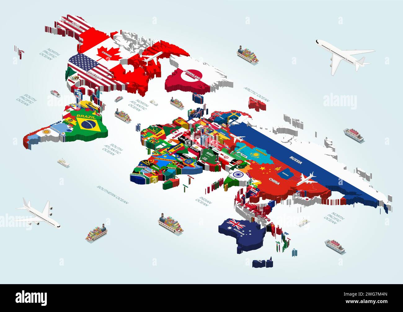 World map where countries are connected with their national flags. Isometric 3d vector ...