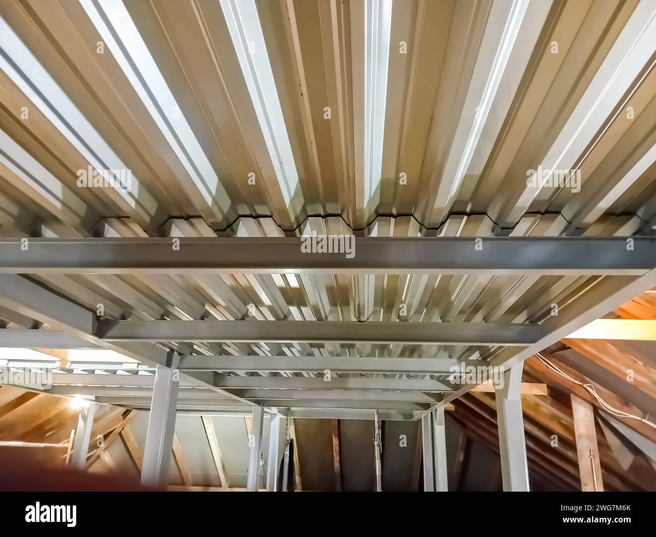 Indoor view on a roof steel beam structure in Industrial. Roof hallway ...