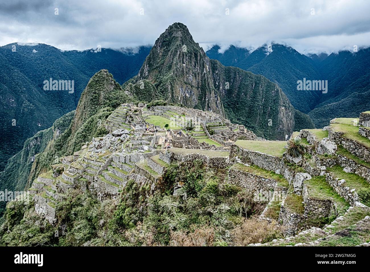 The typical tourist view of the ancient Inca city of Machu Picchu shows ...