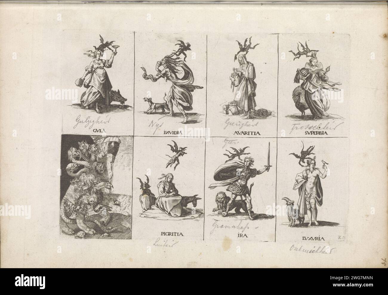 Seven Dead Sounds, 1618 - 1668 print Leaf with representations of the seven deadly sins by ...
