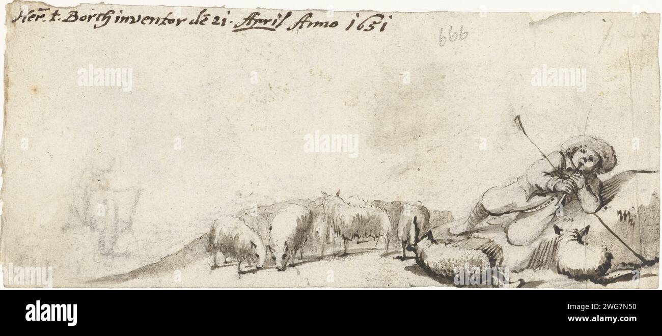 Shepherd plays flute with his sheep, 1651 drawing Herder plays whistle ...