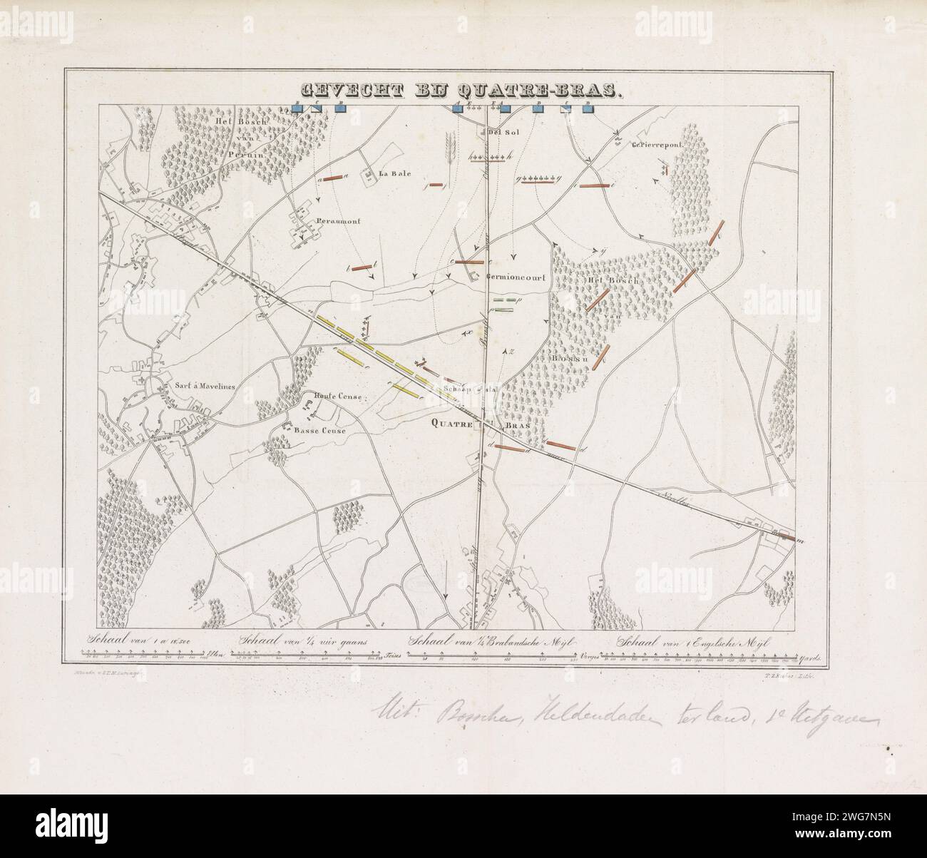 Map with the positions of the troops at Quatre-Bras, 1815, T.Z. Keikes ...