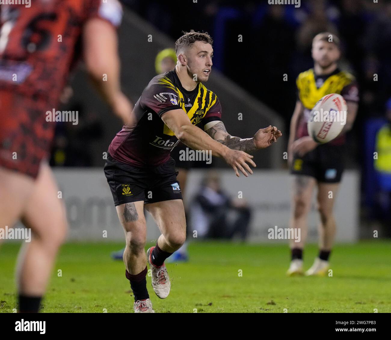Warrington, UK. 03rd Feb, 2024. Sam Powell of Warrington Wolves passes ...