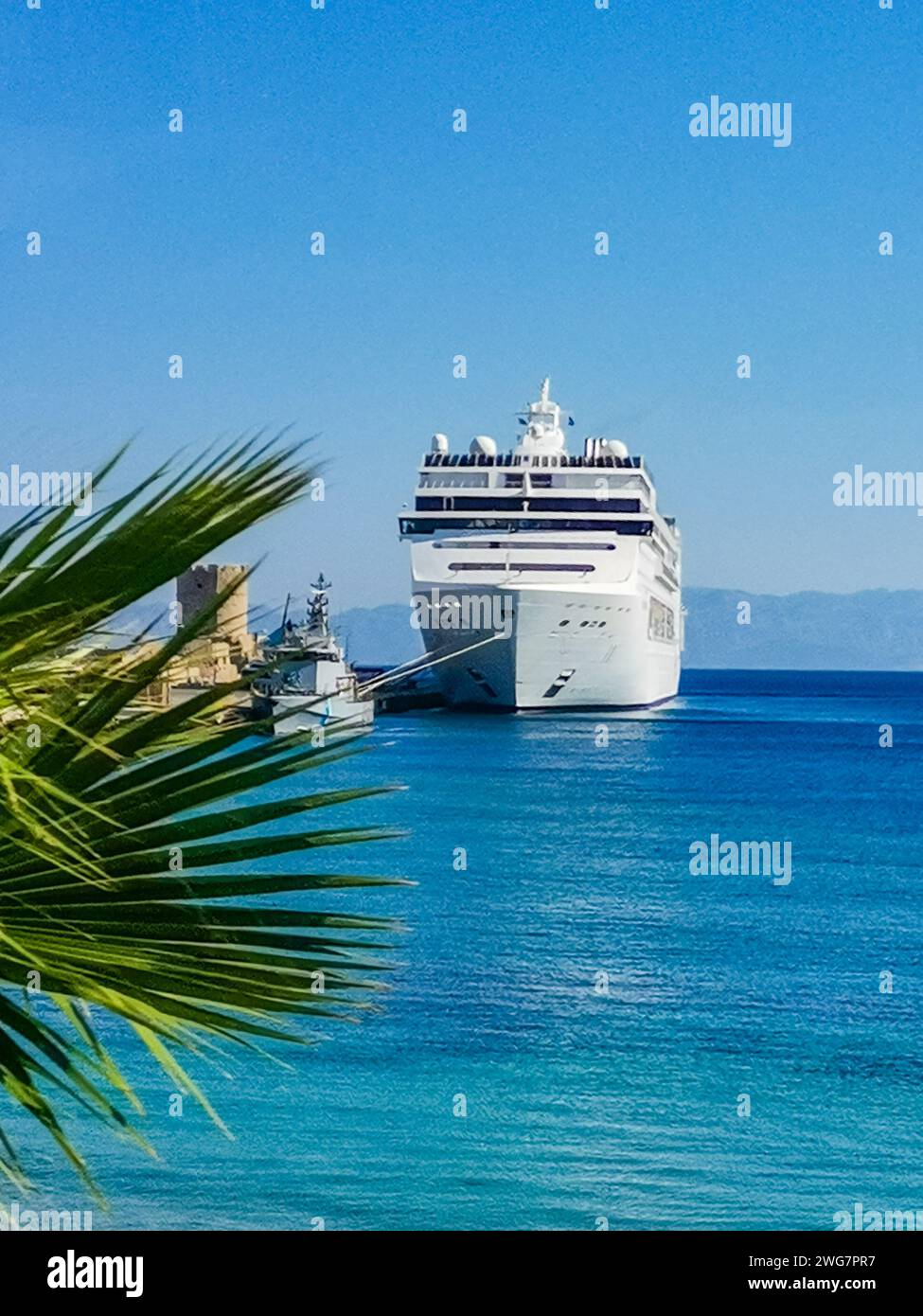 A large blue cruise ship has docked in the port of Rhodes. Greece Stock ...