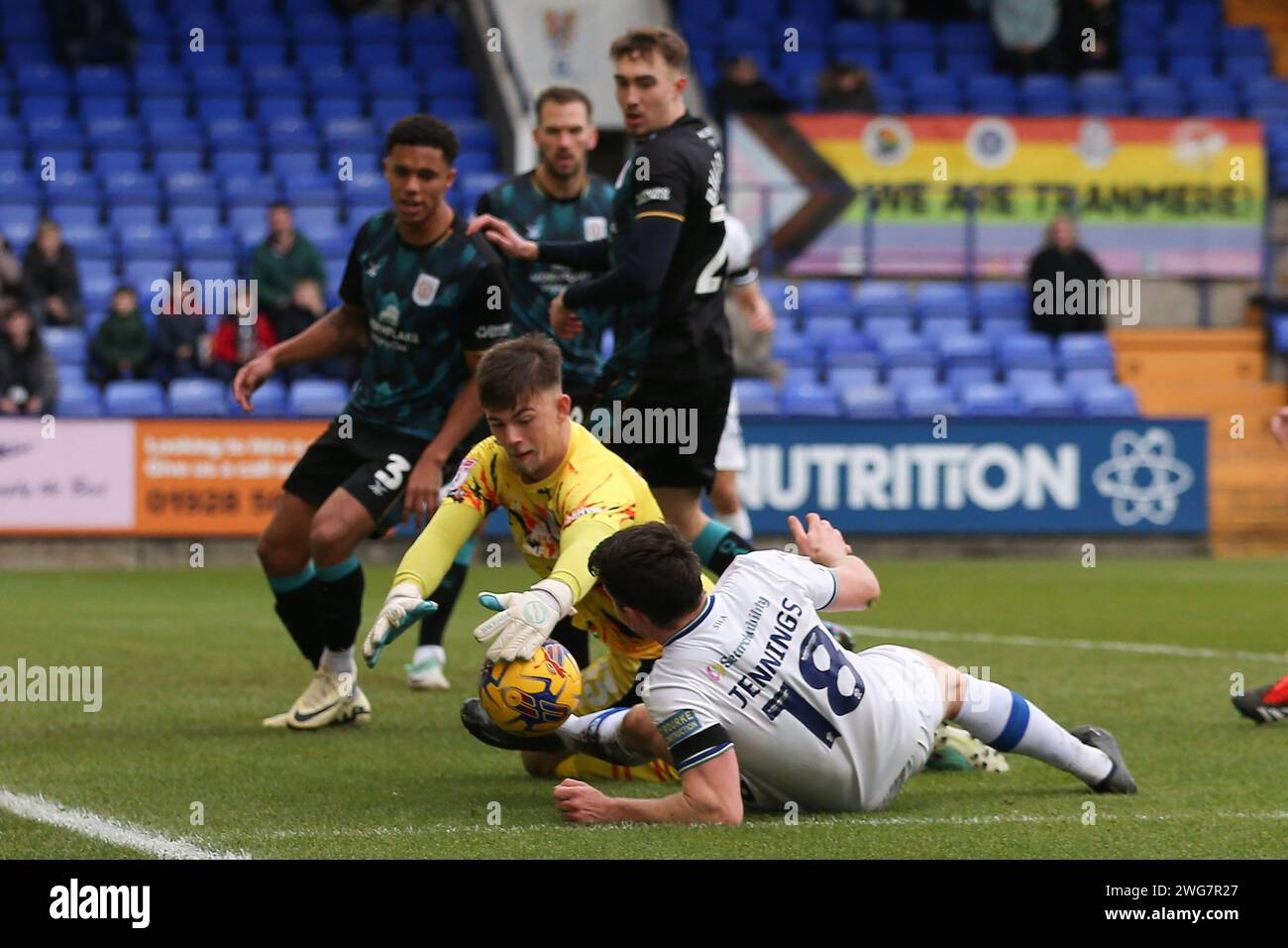 Birkenhead, UK. 03rd Feb, 2024. Tom Booth, the goalkeeper of Crewe ...