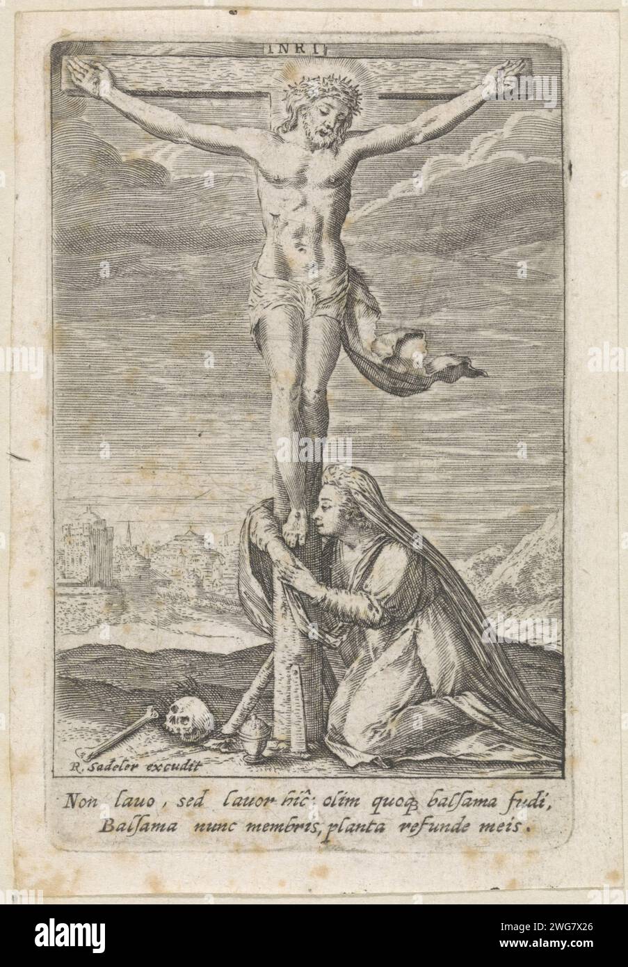 Maria Magdalena kneeling at the Crucified Christ, Raphaël Sadeler (I), 1617 print The crying ...