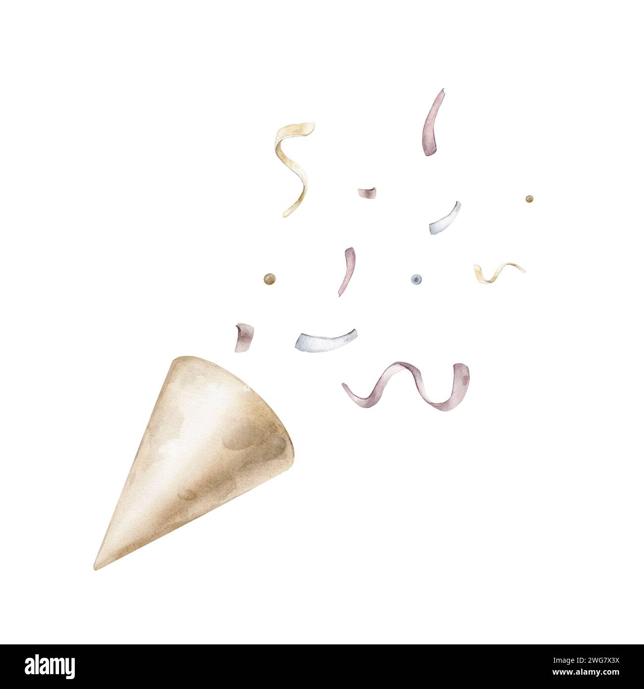 Watercolor hand drawn party golden popper and exploding confetti ...
