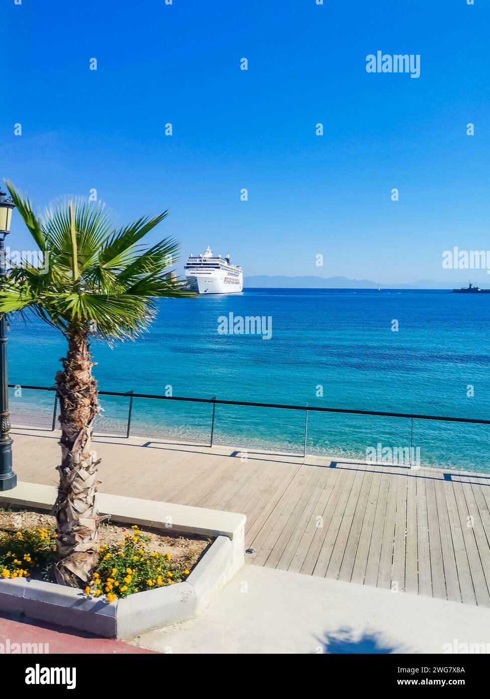 A large blue cruise ship has docked in the port of Rhodes. Greece Stock ...