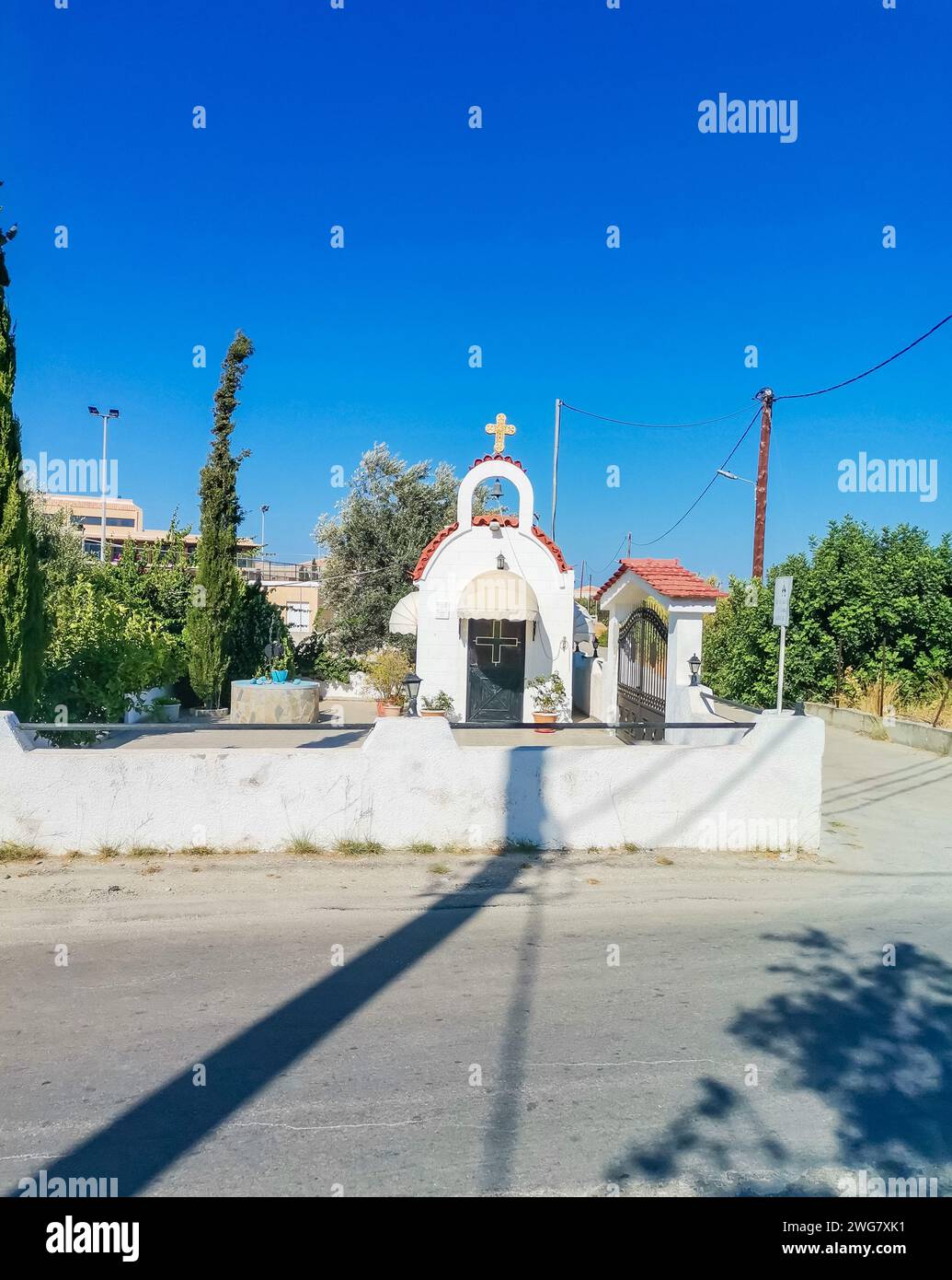 Typical white and blue greek chapel in Afantou, Rhodes island, Greece ...