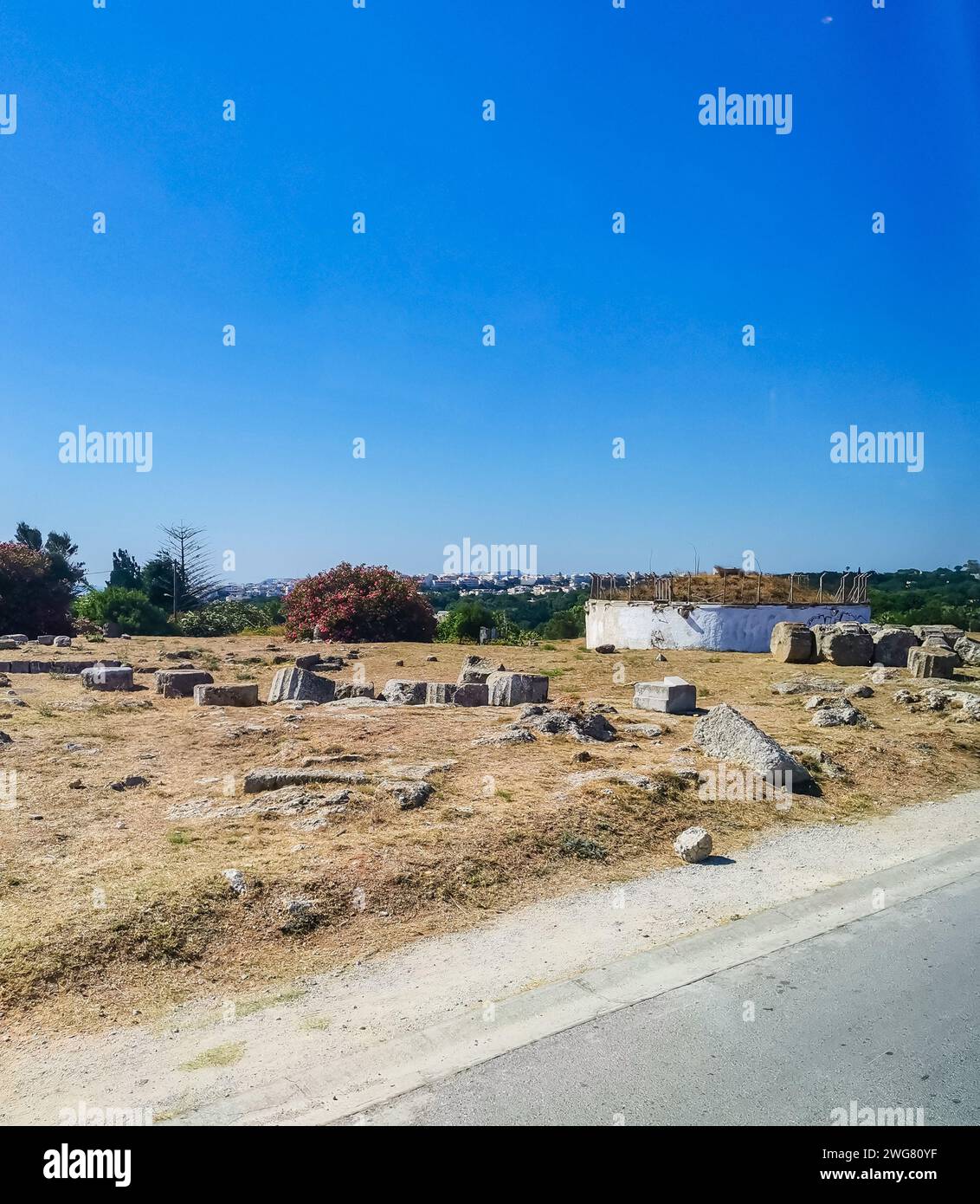 Ancient Greek inscriptions on stone columns at the archaeological ...