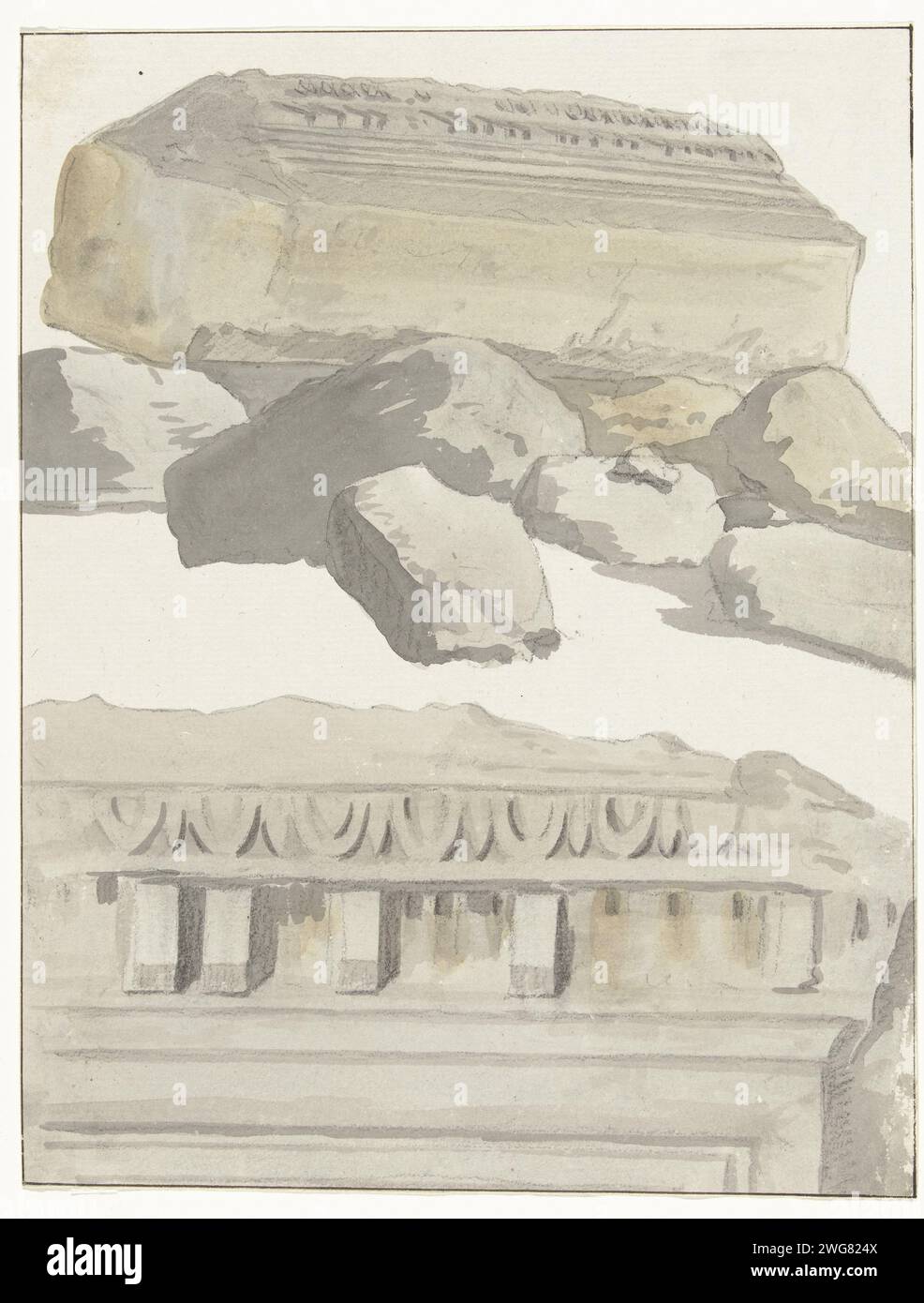 Two pieces of an architrave of the Antique Temple in the old town of ...