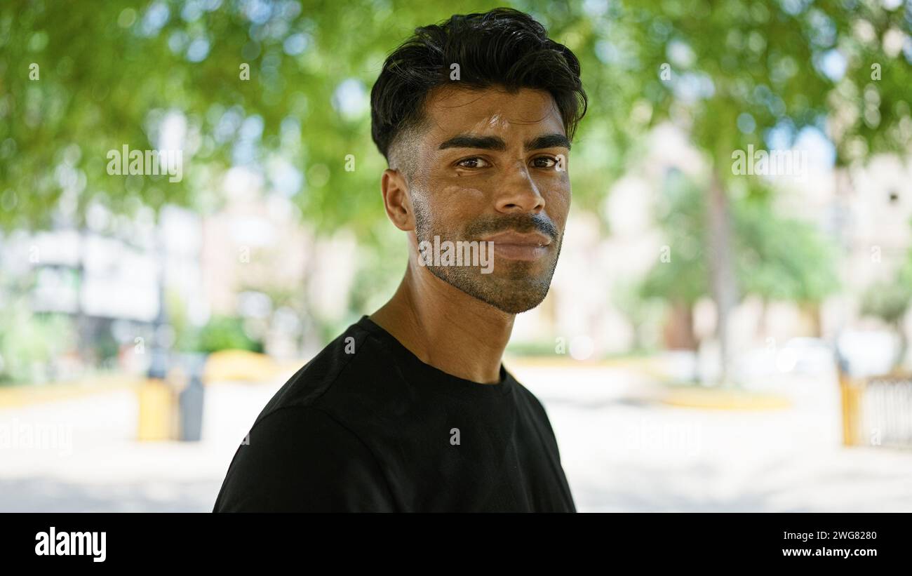 Handsome hispanic man with beard smiling in a sunny park setting ...