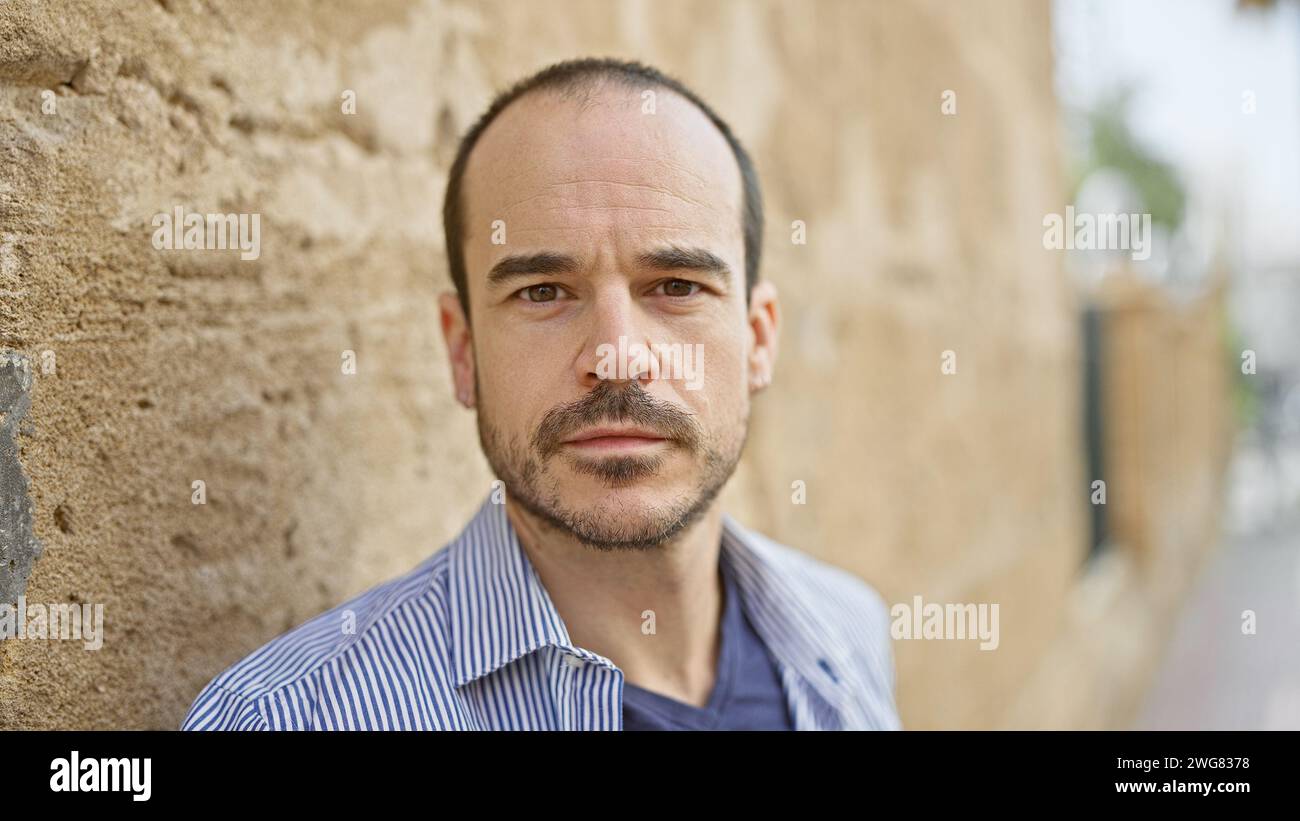 Portrait of a serious hispanic man with a beard and bald head standing ...