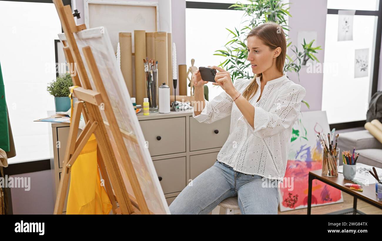 A young woman captures her artwork with a camera in a brightly lit art ...