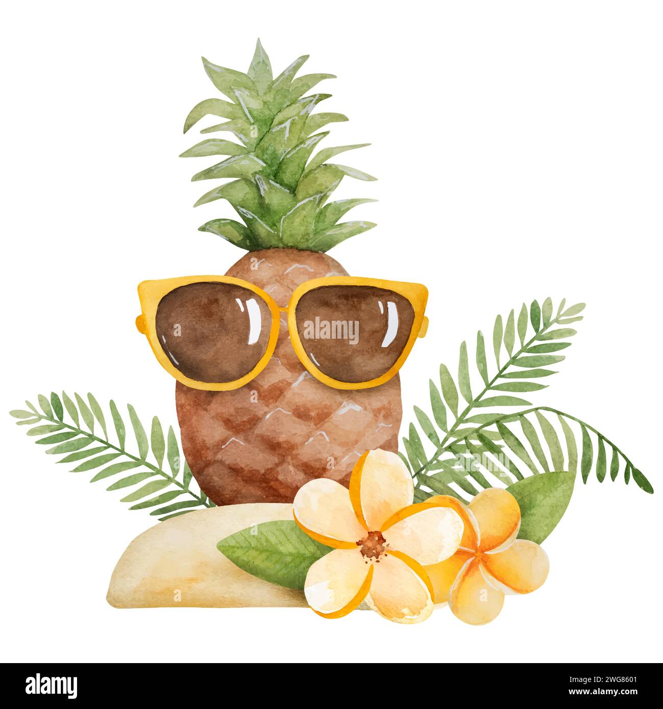 Vector Tropical summer pineapple with sunglasses and plumeria ...