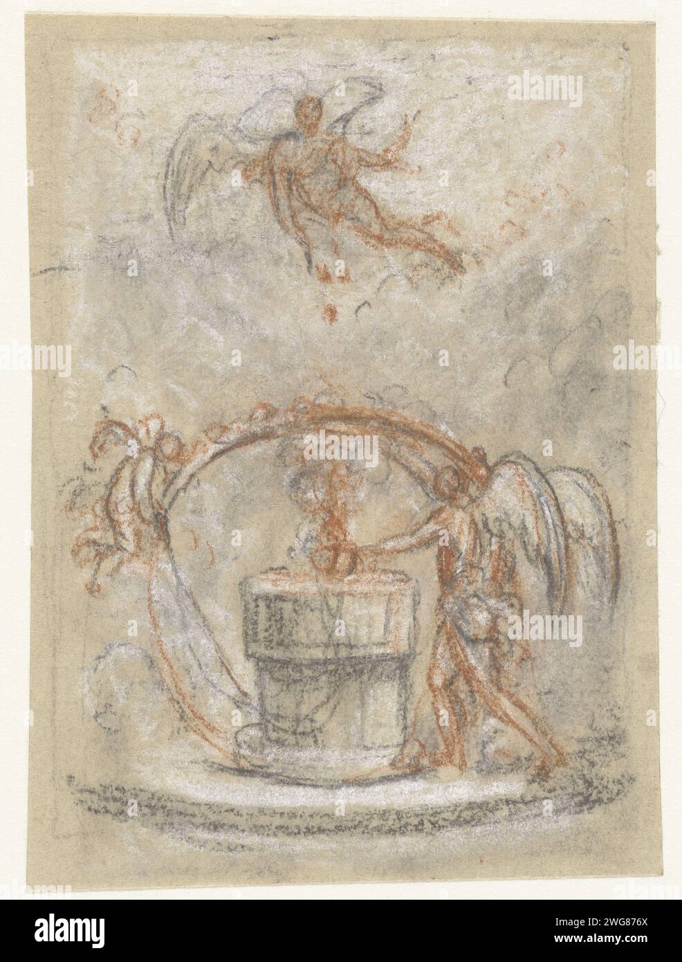 Allegorical representation with figures around monument or altar ...