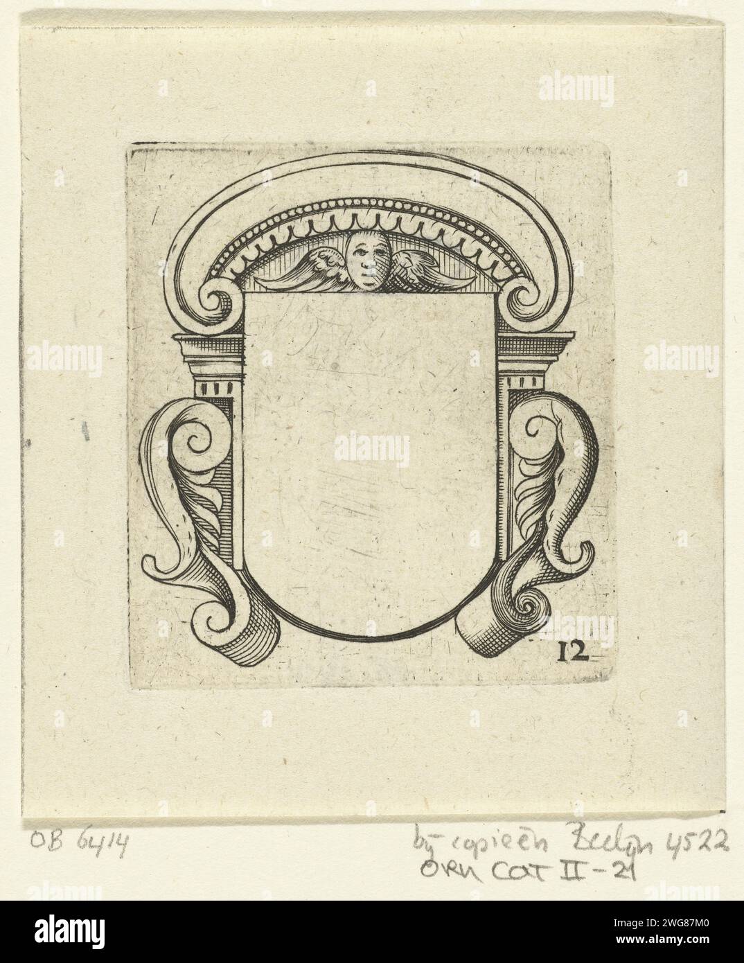 Coat of arms under bent fronton, 1625 print With a console on both sides. Leaf from series of ...