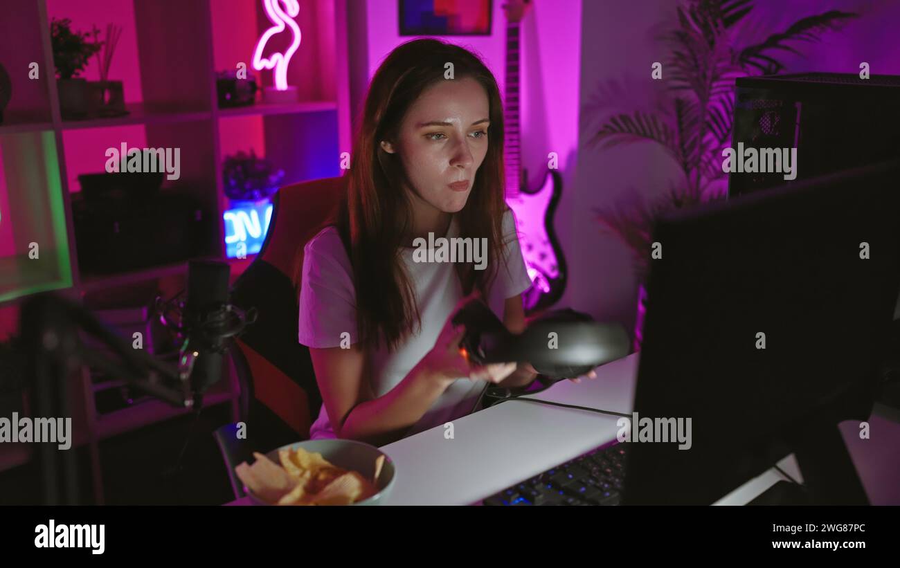 Focused young woman gaming at night in a neon-lit home room, with ...