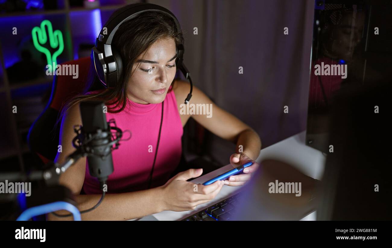 Hispanic streamer chick, stunning young woman engrossed in her gaming ...