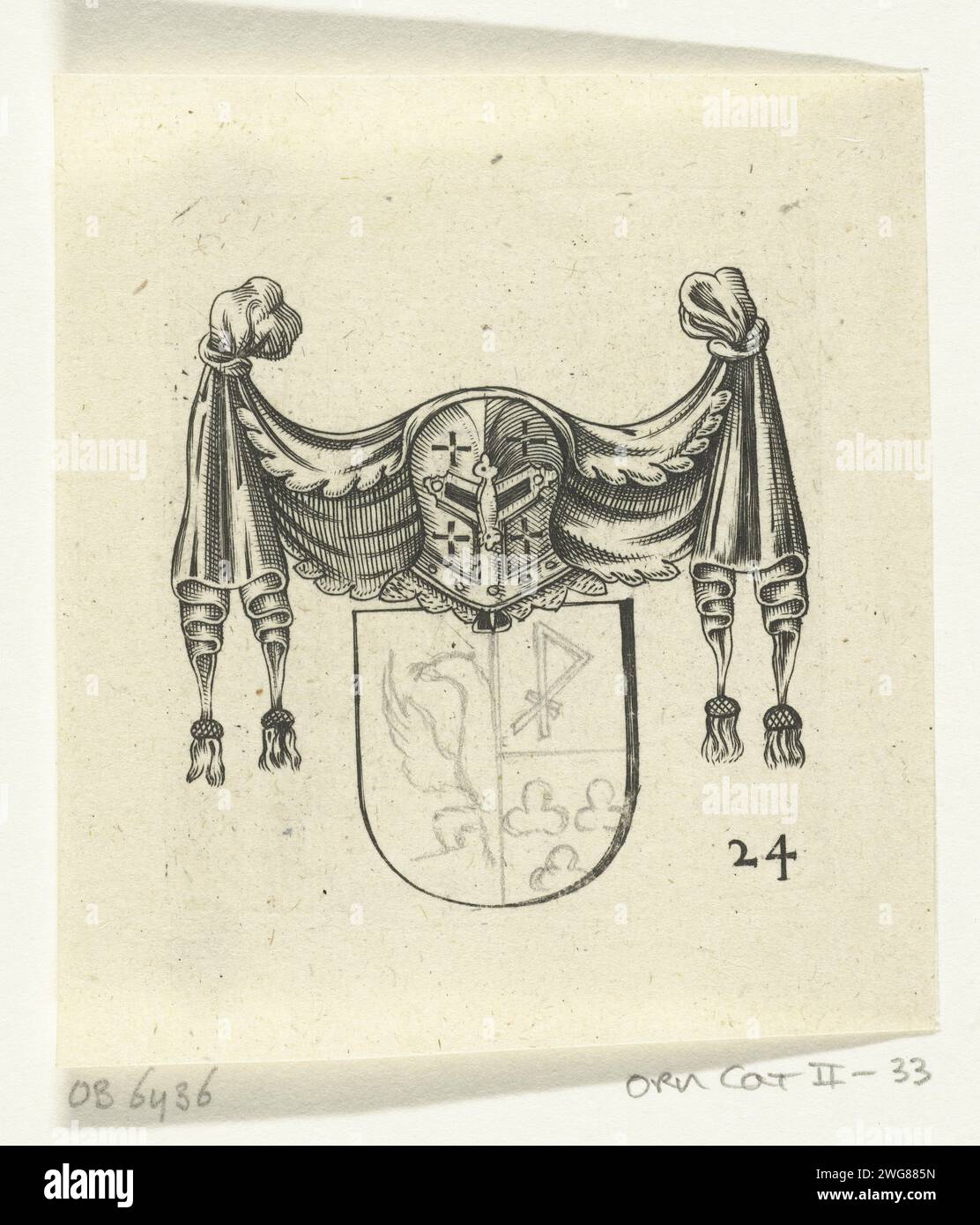 Coat of arms crowned with a helmet under a drapery, 1625 print A weapon is drawn in the shield ...