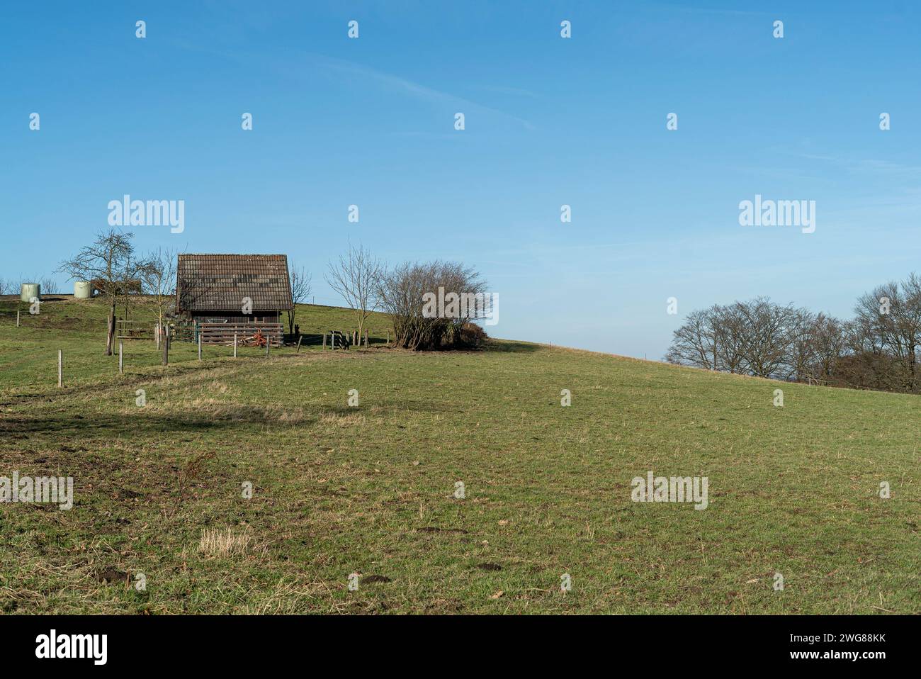 Rural landscape with a wooden house on a hillside in spring Stock Photo ...
