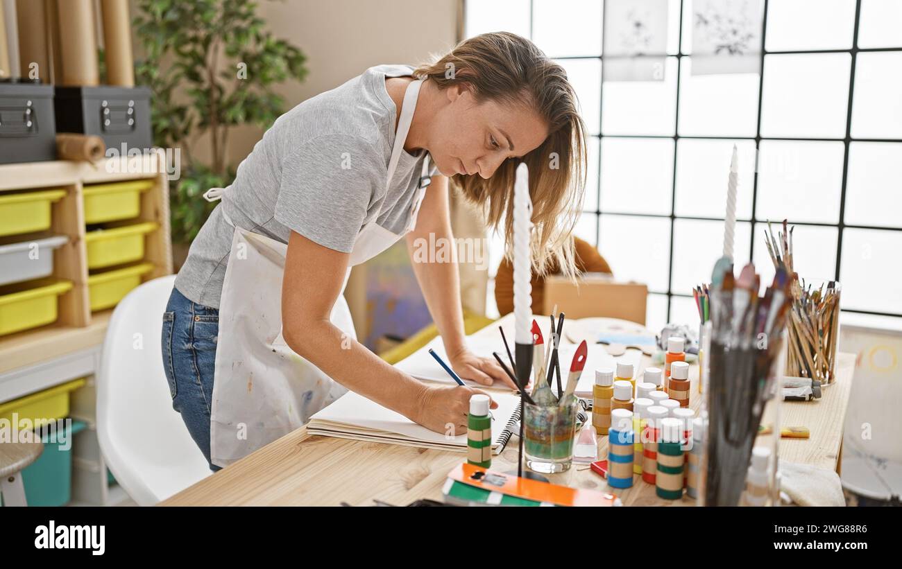 Attractive young blonde woman artist, focused face busy drawing in ...
