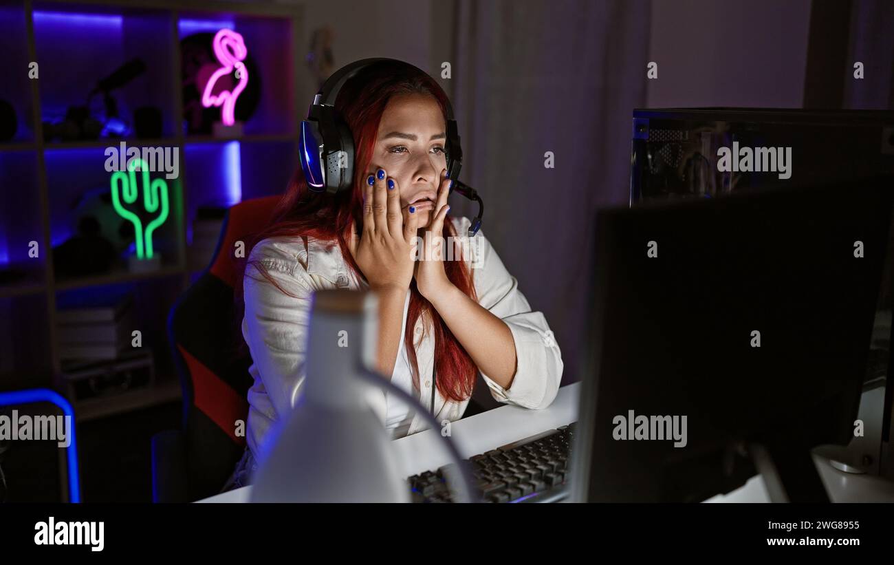 Overworked and stressed young redhead female streamer, battling stress ...