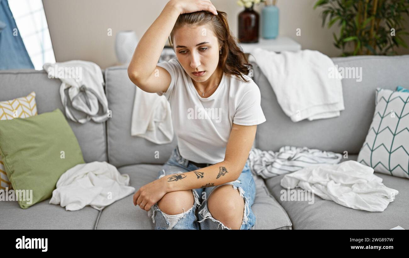 Young woman sitting on sofa with clothes stressed at home Stock Photo ...