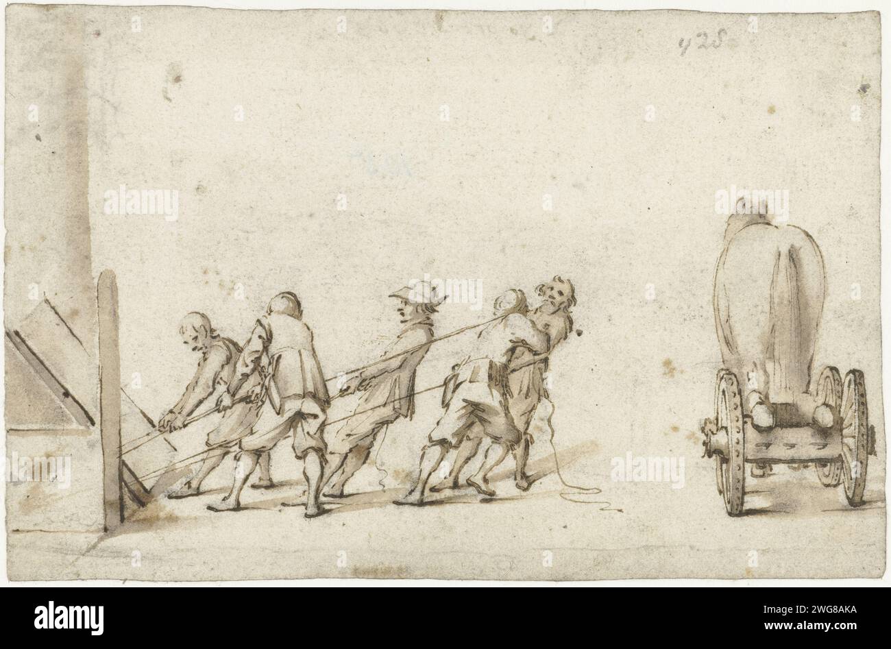 Five men who pull a heavy object from a basement, 1633 drawing Zwolle ...
