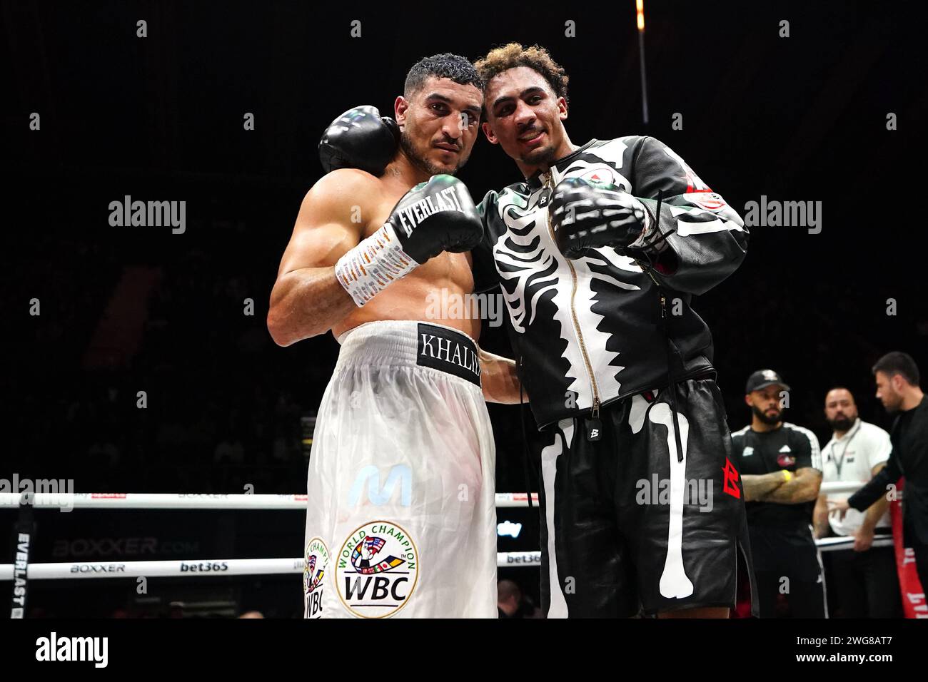 Ben Whittaker (right) celebrates victory via KO against Khalid Graidia ...