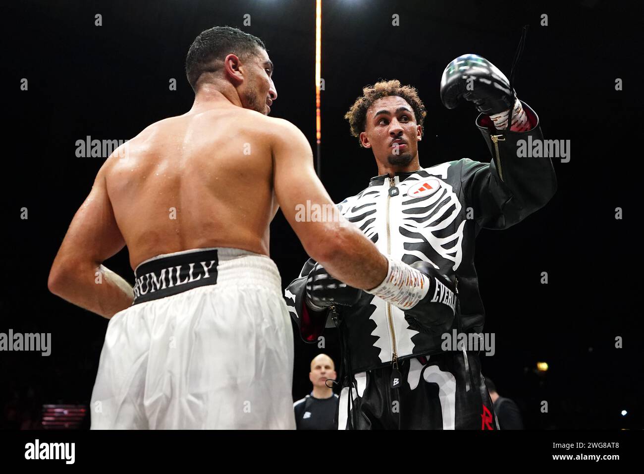 Ben Whittaker (right) celebrates victory via KO against Khalid Graidia ...