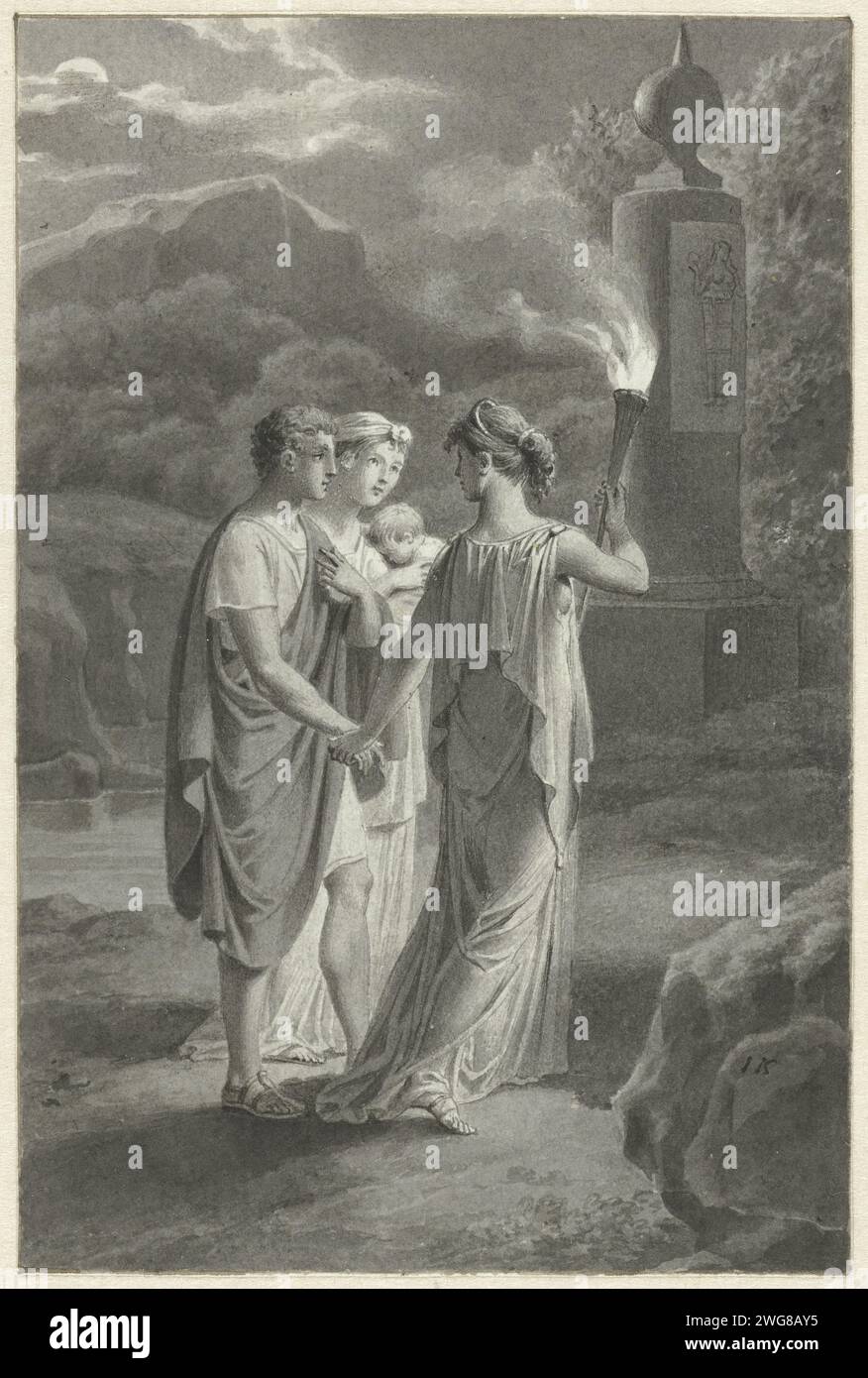 Design for a book illustration with a young family and a woman with a ...