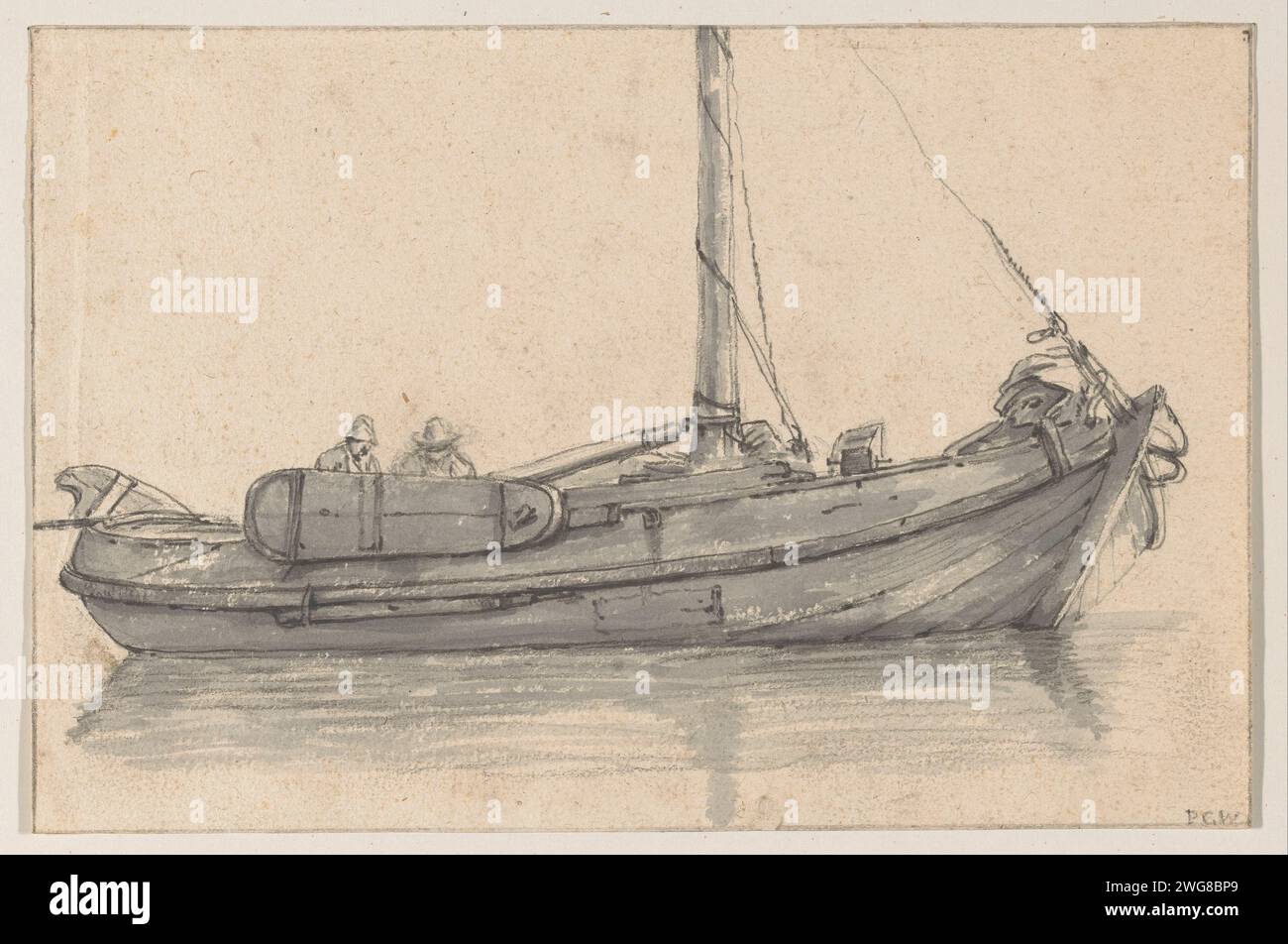 Sailing ship on the side, with two men on the ship, George Pieter ...