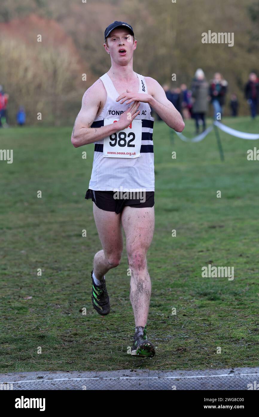 James Kingston celebrating winning the Senior Mens in the SEAA Champs at Beckenham Place Park ...
