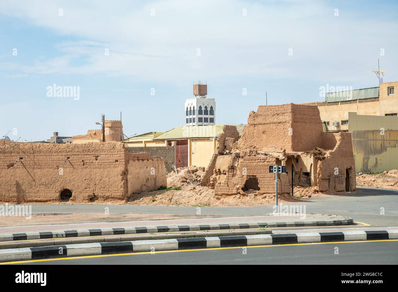 Arabian castle ruined watch tower and wall on the streets of Hail ...