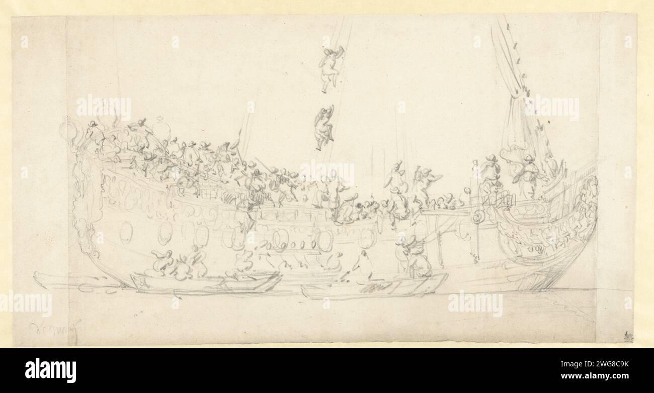 Large number of sailors on deck of the Mary, Willem van de Velde (I ...