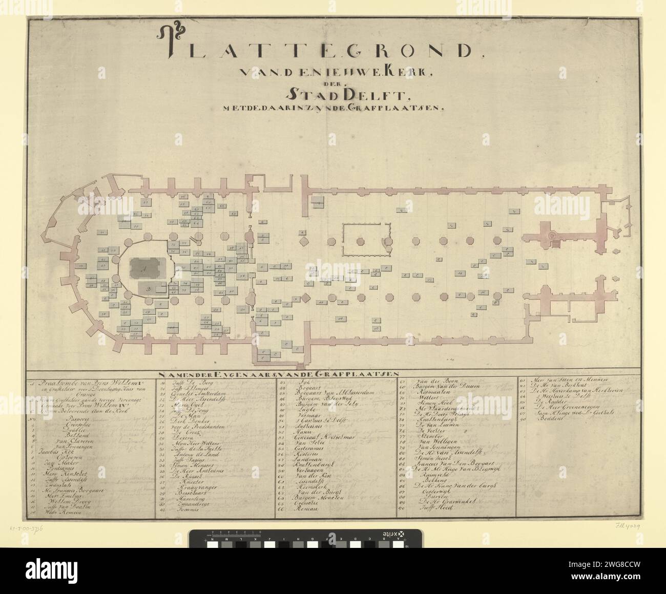 Map of the Nieuwe Kerk in Delft with the location of the graves, 1751 ...