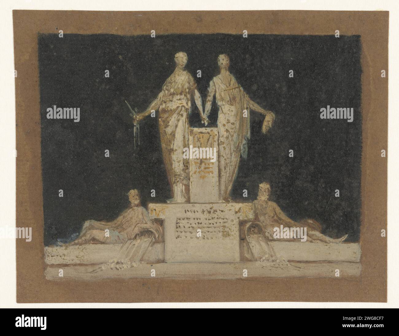 Monument with two standing figures and two current gods, Anonymous ...