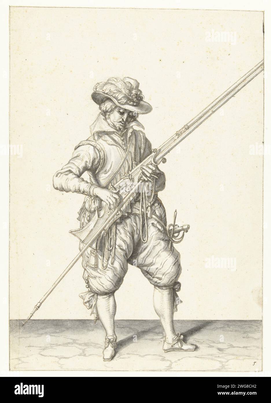 Soldier who holds his musket with his left hand on his right side ...