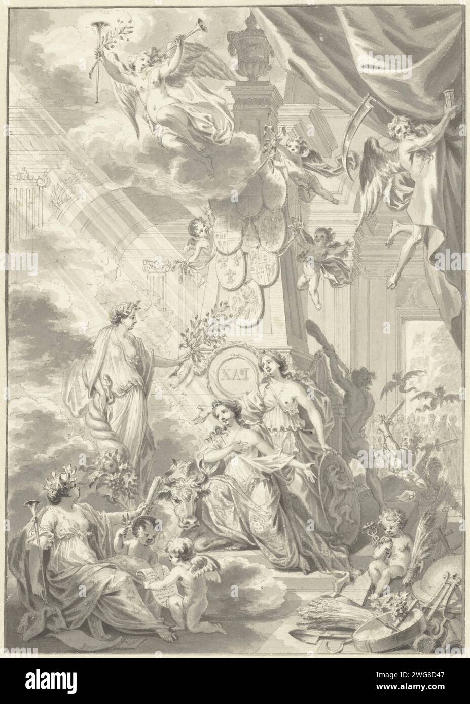 Allegory on the Peace of Aachen, 1748, Simon Fokke, 1749 drawing ...