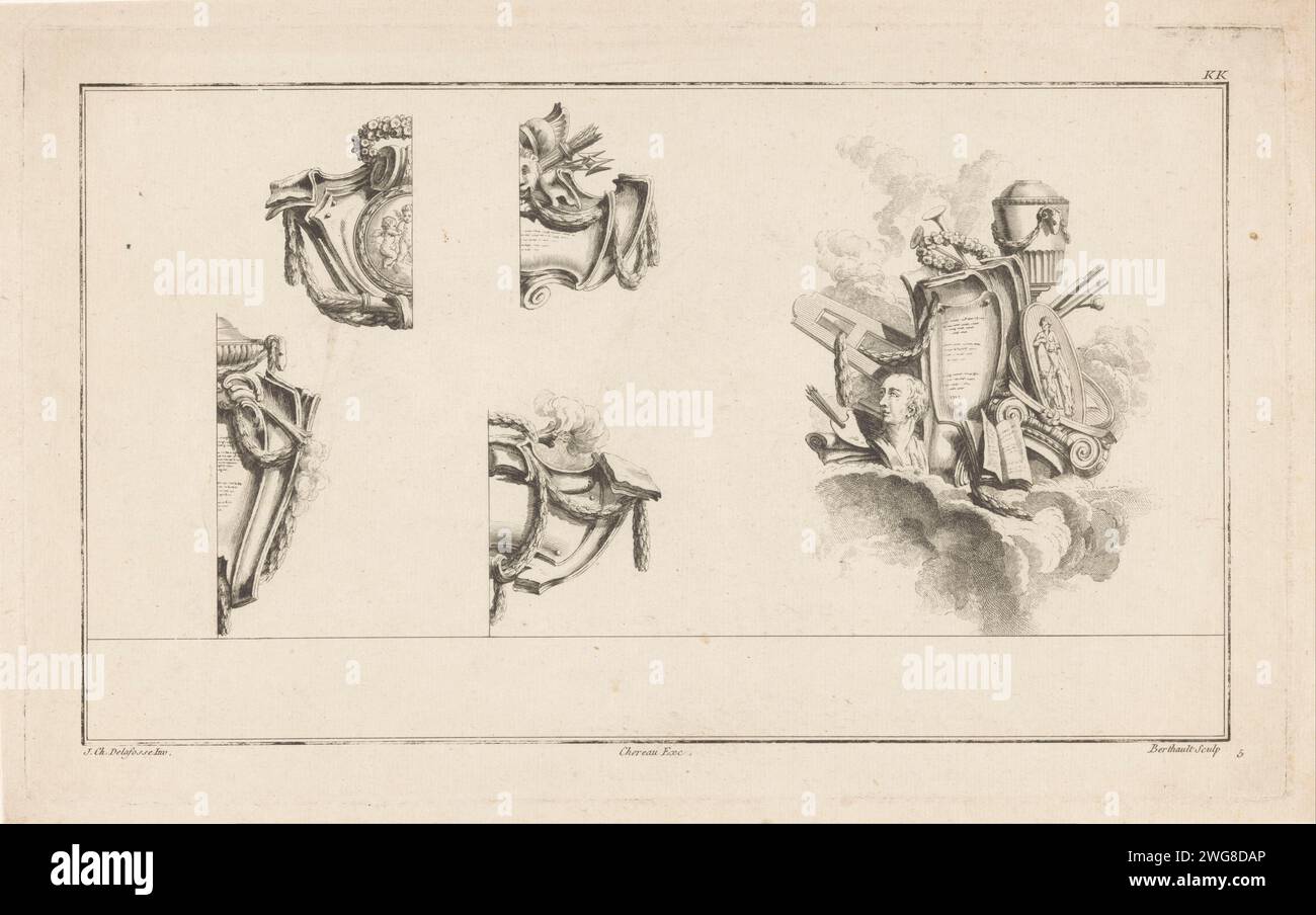 Five Cartouches, 1771 print Left four half cartouches with putti ...