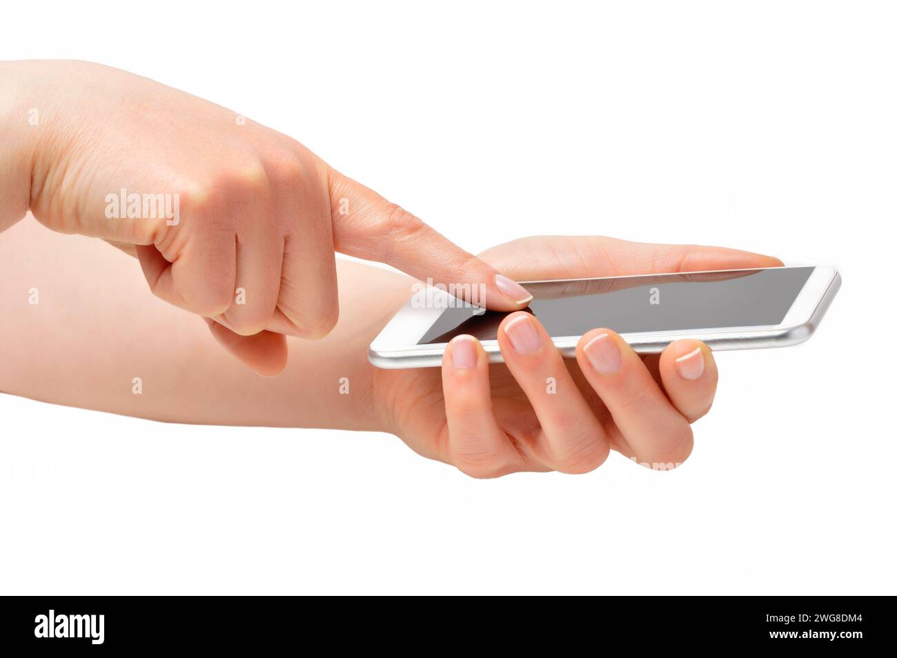 Side view of a business woman hands touching a smart phone isolated on ...