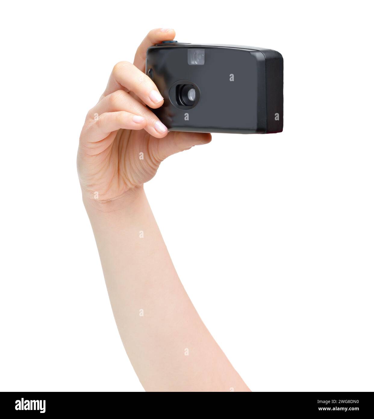 Woman hand holding a black compact camera isolated on a white ...