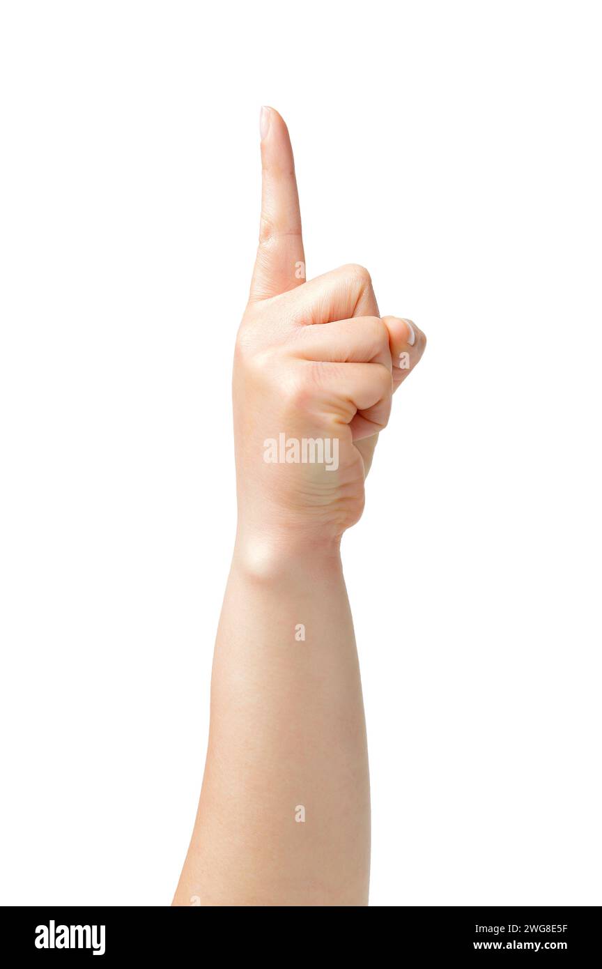 Woman hand showing forefinger up and number one sign in a white ...