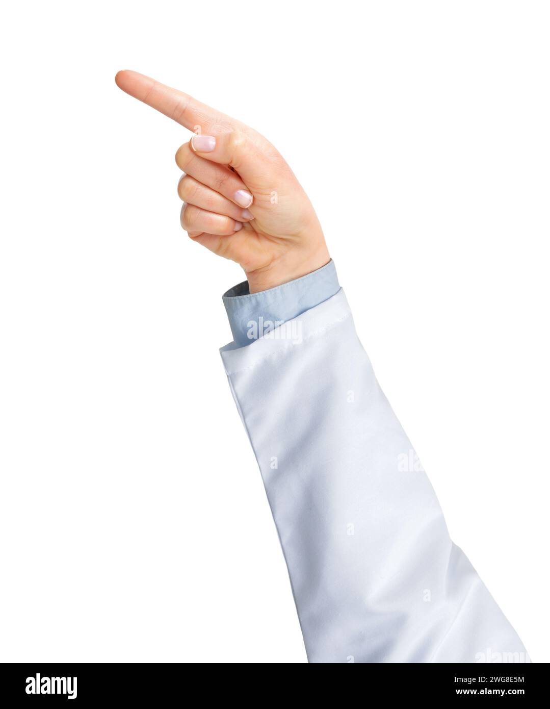 Shot of a doctor hand pointing at side with forefinger isolated on a ...