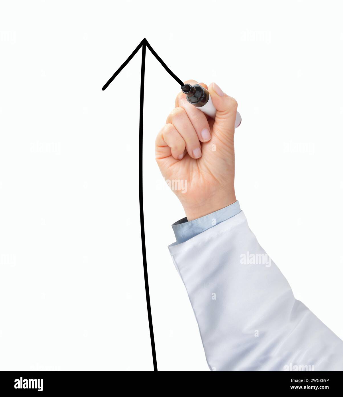 Shot of a doctor hand drawing a growth arrow in the air with a marker ...