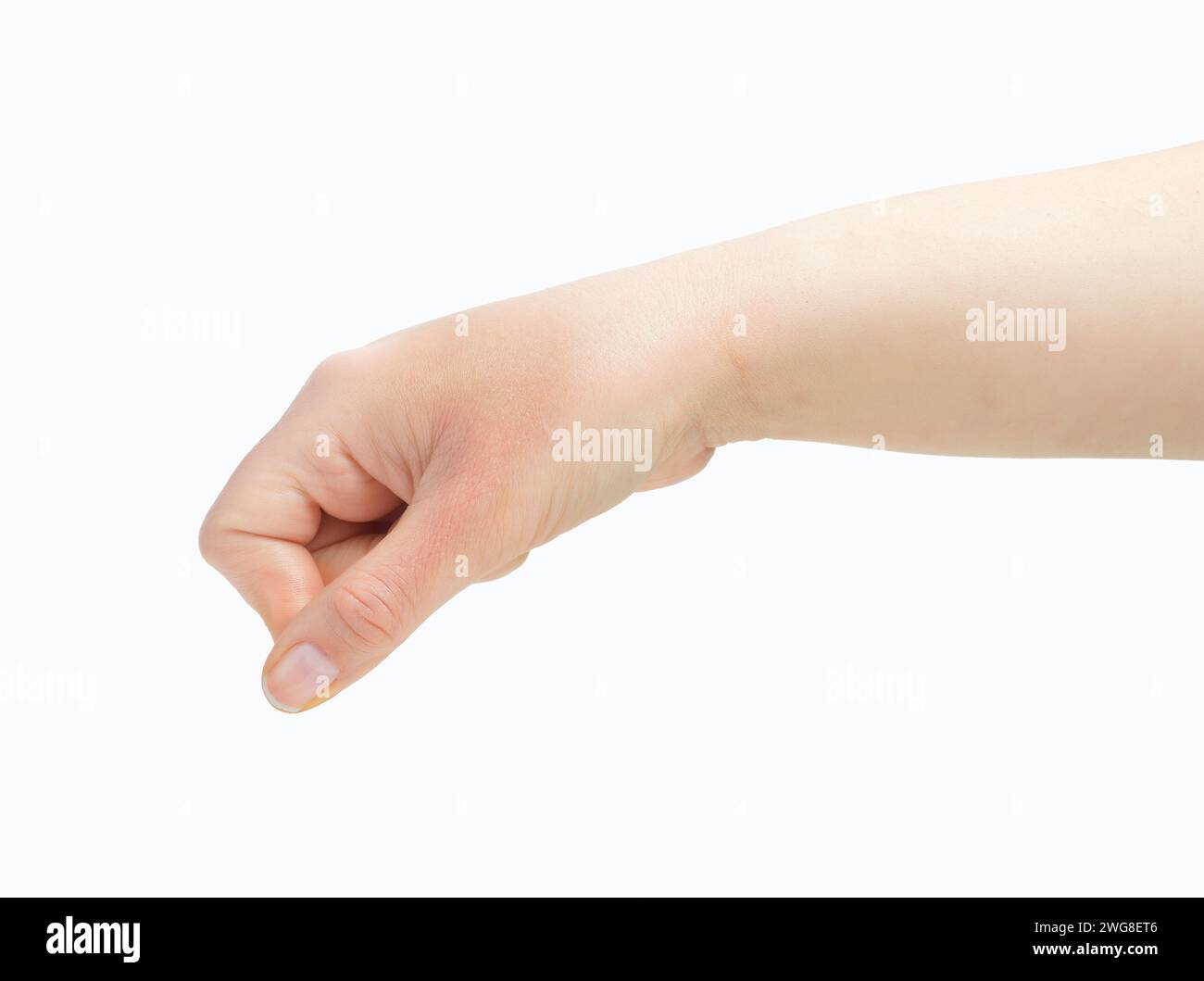 Woman hand hanging something blank isolated on a white background Stock ...